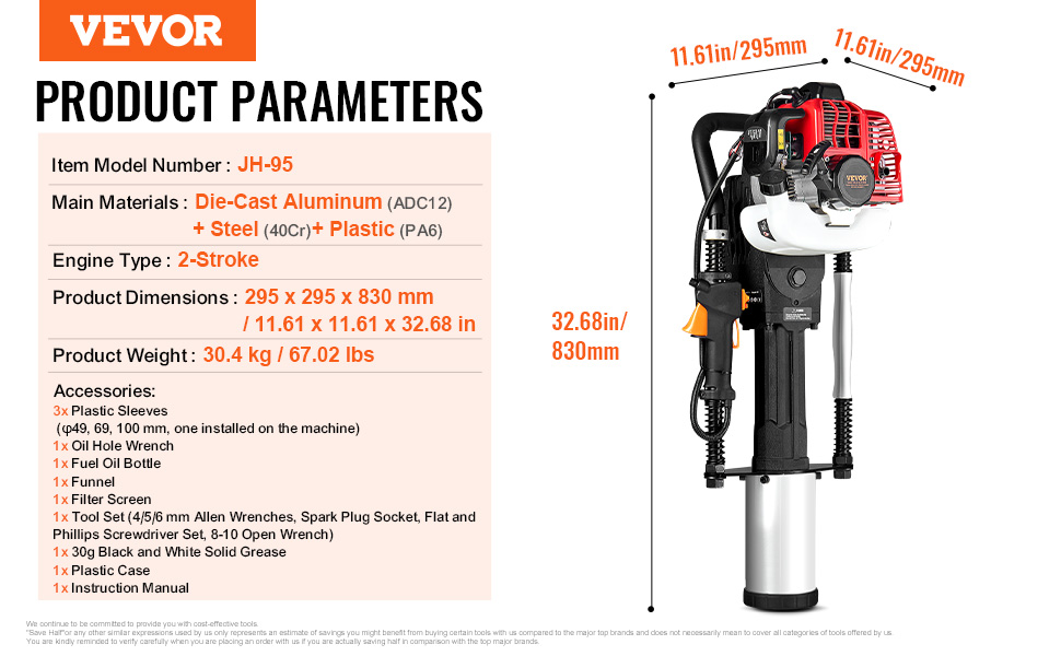 VEVOR 52cc Gas-Powered T Post Driver 2-Stroke Fence Piling Pounder w/ 3 Head | VEVOR US