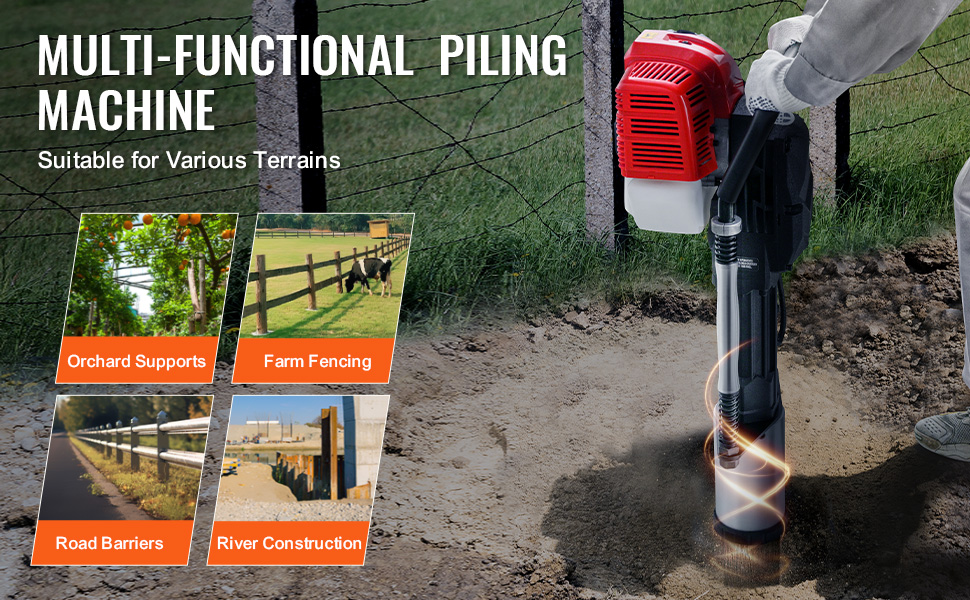 VEVOR 52cc Gas-Powered T Post Driver 2-Stroke Fence Piling Pounder w/ 3 ...