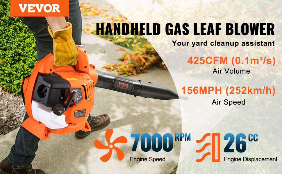 VEVOR Leaf Blower, 26CC 2-Cycle Handheld Leaf Blower with A Fuel Tank ...
