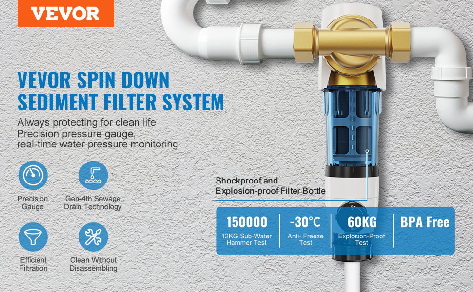 VEVOR Spin Down Filter, 40 Micron Whole House Sediment Filter for Well ...