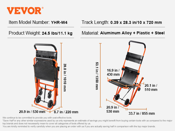 VEVOR Manual Stair Chair, 350 lbs Load Capacity, Foldable Emergency ...