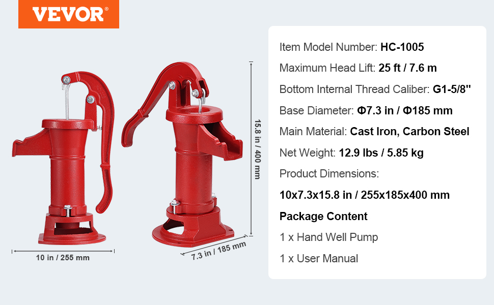 VEVOR Antique Well Hand Pitcher Pump, 25 ft Maximum Lift, Cast Iron ...