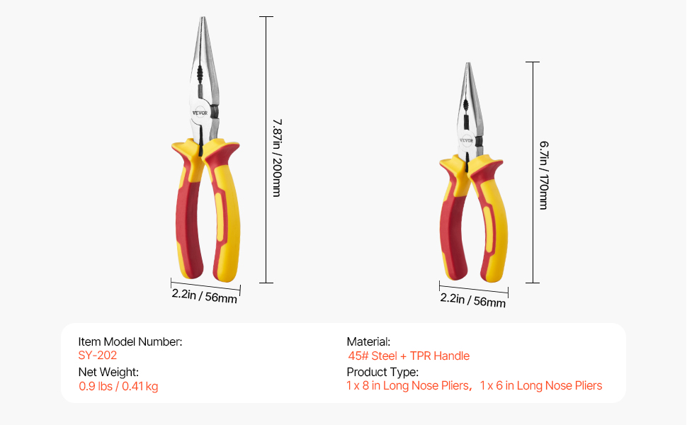 VEVOR 2 Pcs Needle Nose Pliers 8 inch Needle Nose Plier 6 inch Needle ...