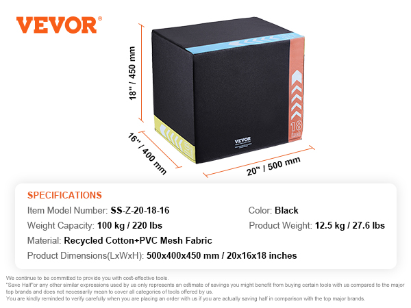 VEVOR 3 in 1 Plyometric Jump Box, 20/18/16 Inch Cotton Plyo Box ...