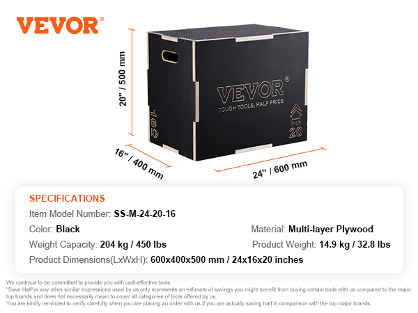 VEVOR 3 in 1 Plyometric Jump Box, 24/20/16 Inch Wooden Plyo Box ...