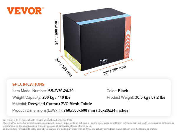 VEVOR 3 in 1 Plyometric Jump Box, 30/24/20 Inch Cotton Plyo Box ...