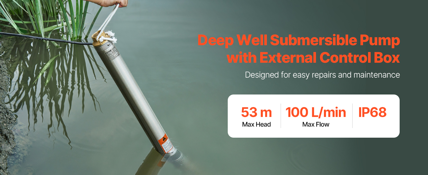 VEVOR 550W dybbrønds dykpumpe rustfrit stål vandpumpe 174ft 100L/min. | VEVOR DAN