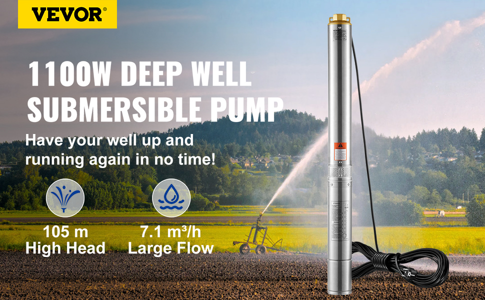 VEVOR Deep Well Submersible Pump Stainless Steel Water Pump 1100W 7.1 m³/h 105 m | VEVOR EU