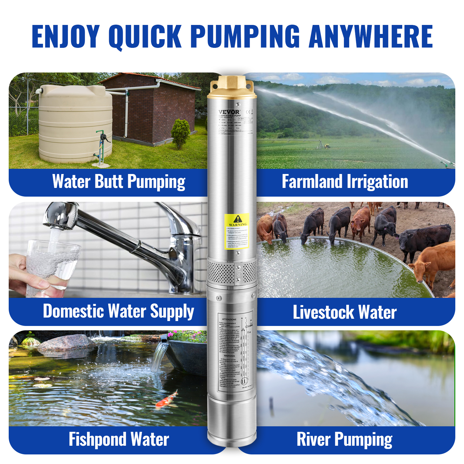 VEVOR Diepe Put Dompelpomp Pijp Pomp RVS 750W 105 L/min Stroom 62M ...