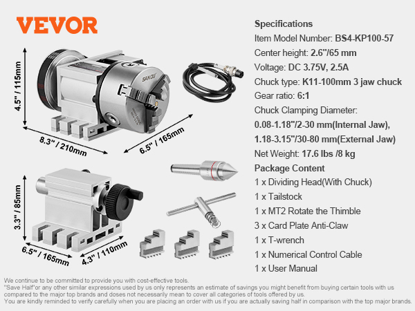 VEVOR Dividing Head, K11-100mm 3-Jaw Chuck, CNC Router Milling Machine ...