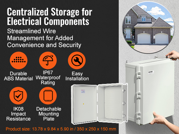 VEVOR Outdoor Electrical Junction Box, 350 x 250 x 150 mm, ABS Plastic ...