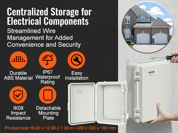 VEVOR Outdoor Electrical Junction Box, 430 x 330 x 180 mm, ABS Plastic ...