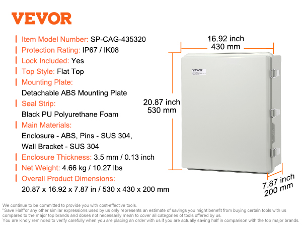 VEVOR Outdoor Electrical Junction Box, 530 x 430 x 200 mm, ABS Plastic ...