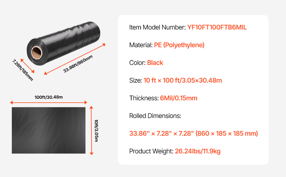 6Mil Plastic Sheeting Roll 10 x 100 FT Heavy Duty Polyethylene Black | VEVOR US