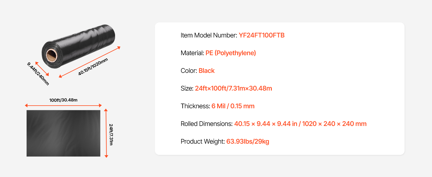VEVOR 6Mil Plastic Sheeting Roll 24 x 100 FT Heavy Duty Polyethylene ...