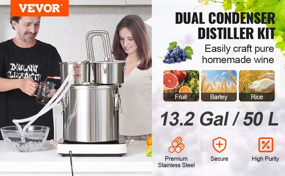 VEVOR Moonshine Still Water Alcohol Distiller 13.2Gal w/Thumper Keg ...