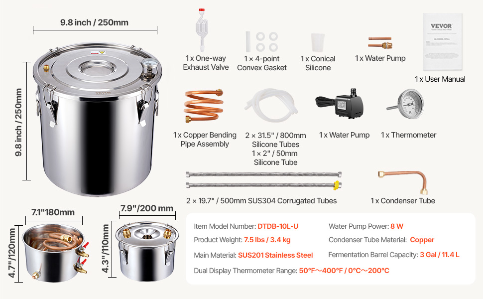 Moonshine Still Water Alcohol Distiller 3Gal w/Thumper Keg & 8W Water ...
