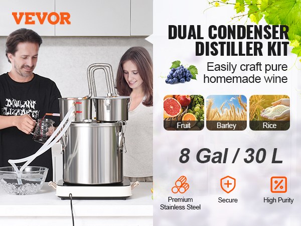 VEVOR Moonshine Still Water Alcohol Distiller 8Gal w/Thumper Keg & 8W ...