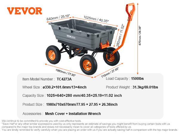 VEVOR Dump Cart, Poly Garden Dump Cart with Easy to Assemble Steel ...
