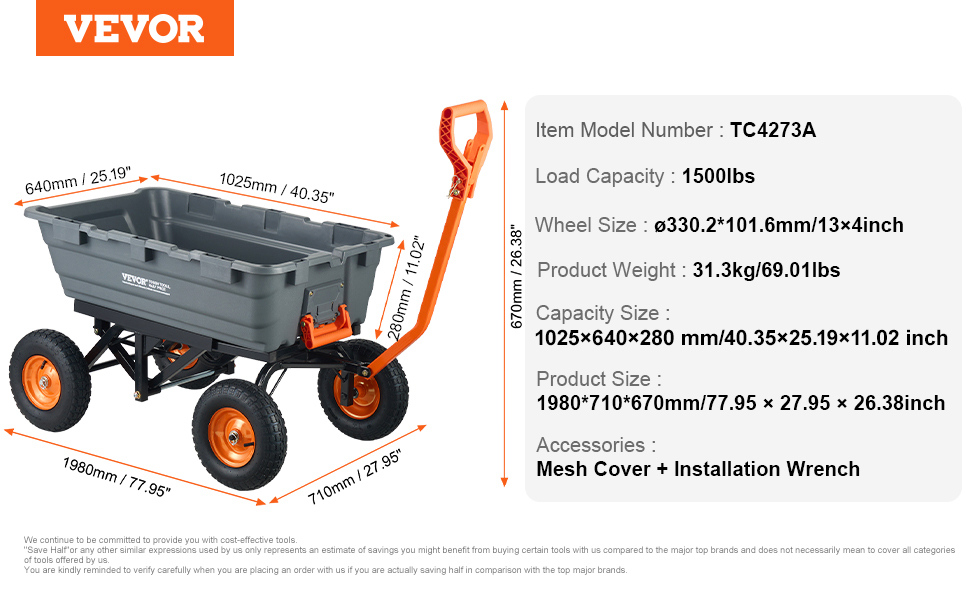 VEVOR Dump Cart, Poly Garden Dump Cart with Easy to Assemble Steel ...