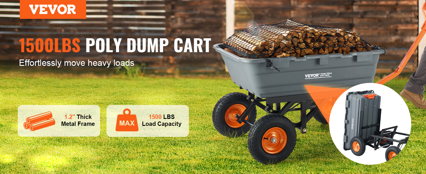 VEVOR Dump Cart, Poly Garden Dump Cart with Easy to Assemble Steel ...