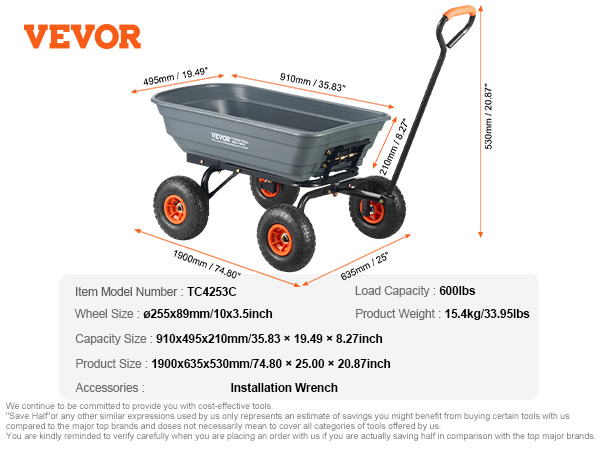 VEVOR Dump Cart, Poly Garden Dump Cart with Easy to Assemble Steel ...