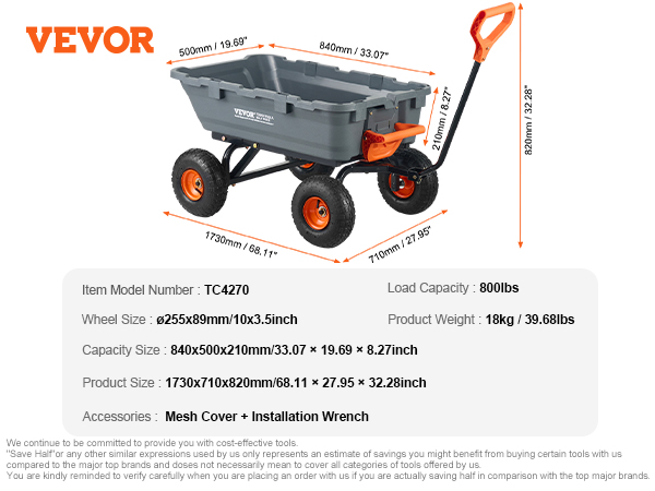 VEVOR Dump Cart, Poly Garden Dump Cart with Easy to Assemble Steel ...