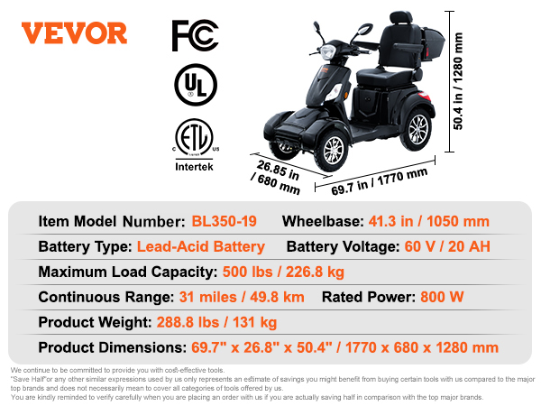 VEVOR Heavy Duty 4-Wheel Mobility Scooters 31 Miles 3-Speed 800W 500lbs ...