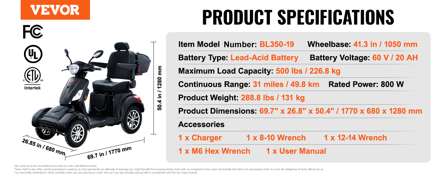 VEVOR Heavy Duty 4-Wheel Mobility Scooters for Seniors & Adults 500lbs ...