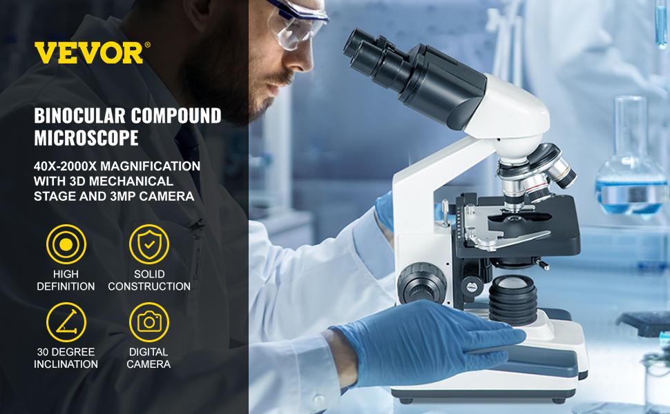 VEVOR Binocular Compound Microscope 40X-2000X Magnification LED Digital ...