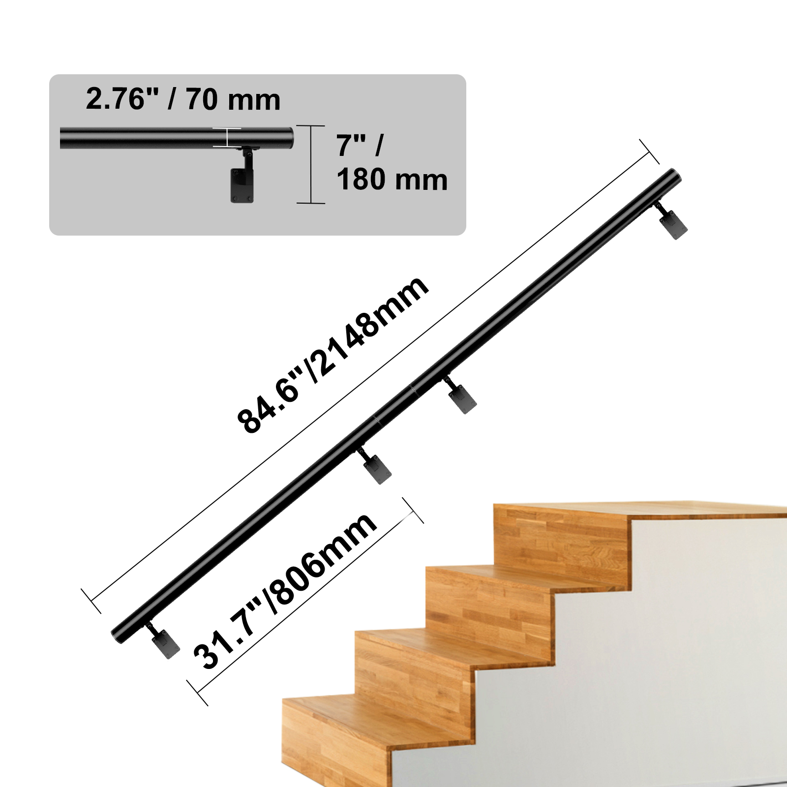 VEVOR Handrail Stair Railing, 7 ft, Wall Mount Handrails for Indoor ...