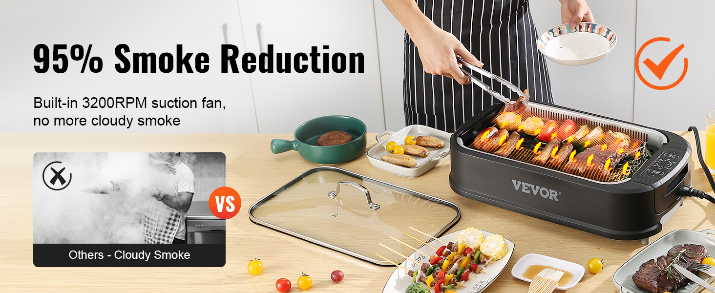 VEVOR Smokeless Indoor Grill, 110 sq.in 1500W Electric BBQ Grill with ...