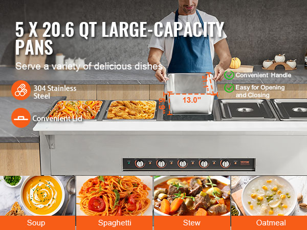 VEVOR 5-Pan Commercial Food Warmer, 5 x 20.6QT Electric Steam Table ...