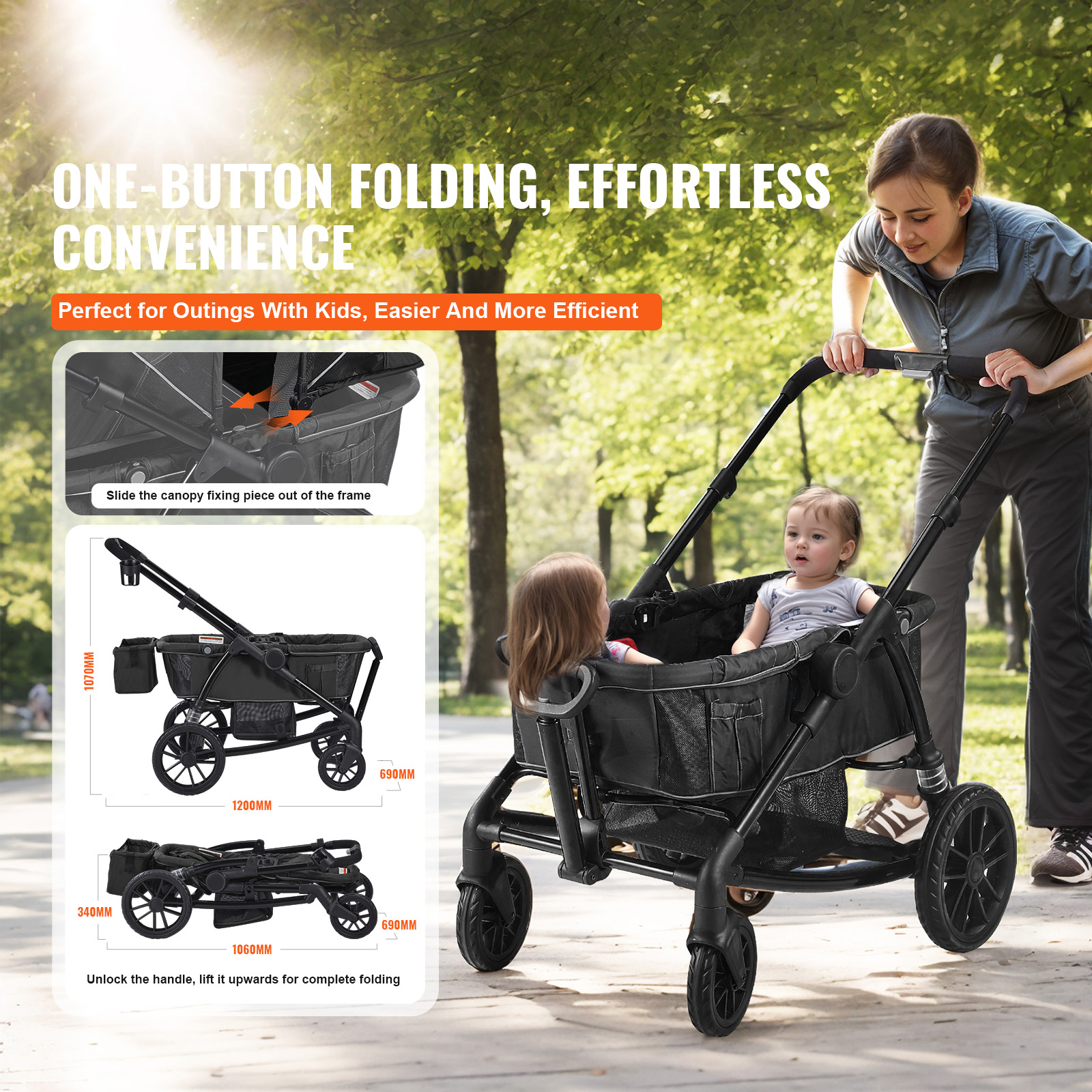 Uimoso Double Stroller for 2 Kids Collapsible Toddler Wagon Stroller ...