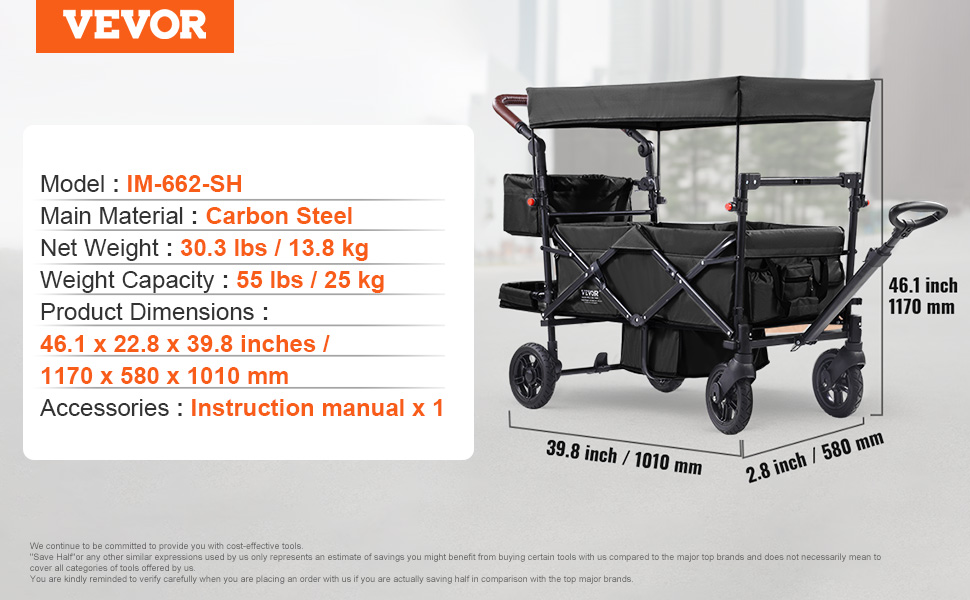 VEVOR Wagon Stroller for 2 Kids, Push Pull Quad Collapsible Stroller ...
