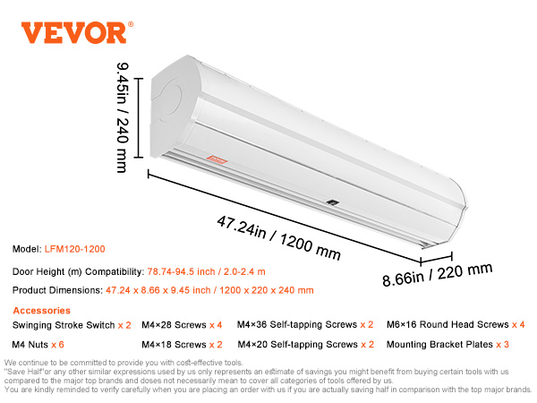 VEVOR 48" Commercial Indoor Air Curtain Super Power 2 Speeds 1200CFM ...