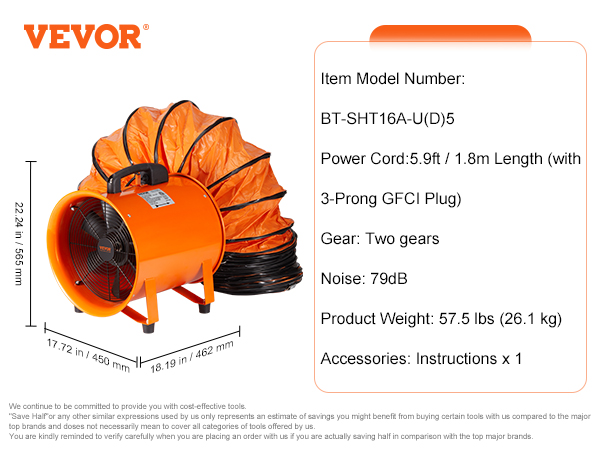 VEVOR Portable Ventilator, 16 inch Heavy Duty Cylinder Fan with 16.4ft ...