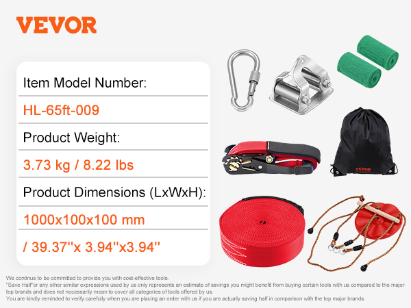 VEVOR Zipline Kit for Kids and Adult, 65 ft Zip Line Kits Up to 500 lb ...