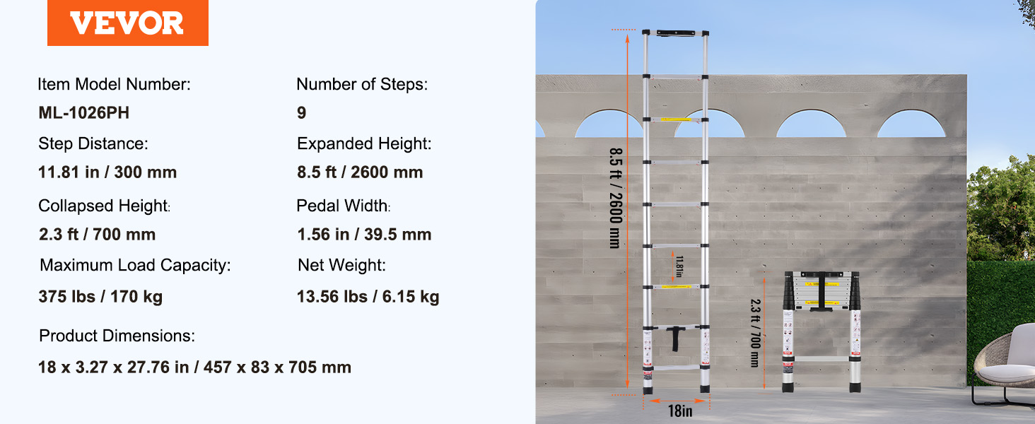 VEVOR Telescoping Extension Ladder 8.5FT One-button Retraction 375 LBS ...