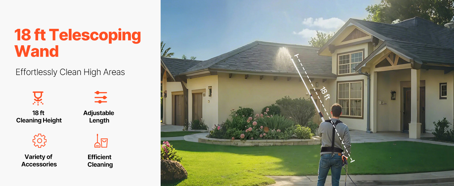 VEVOR Pressure Washer Telescoping Wand 18 ft Brush Head Telescopic ...