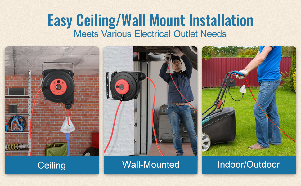 VEVOR Retractable Extension Cord Reel Power Cord Reel 30FT 16AWG/3C ...