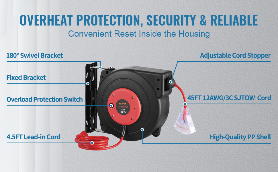 VEVOR Retractable Extension Cord Reel Power Cord Reel 45FT 12AWG/3C ...
