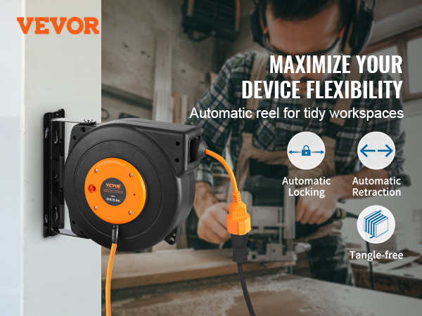 VEVOR Retractable Extension Cord Reel Power Cord Reel 19m 1000W 1m Lead ...