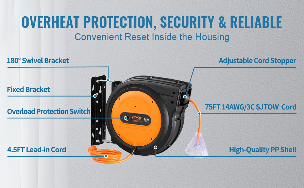 VEVOR Retractable Extension Cord Reel Power Cord Reel 75FT 14AWG/3C ...