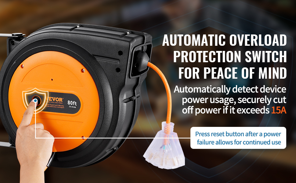 VEVOR Retractable Extension Cord Reel Power Cord Reel 80FT 12AWG/3C SJTOW | VEVOR US