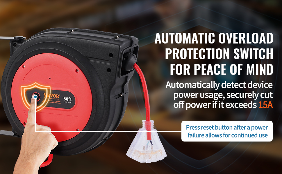 VEVOR Retractable Extension Cord Reel Power Cord Reel 80FT 12AWG/3C ...