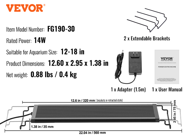 VEVOR Aquarium Light 14W Full Spectrum Fish Tank Light for 12"-18" Fish ...