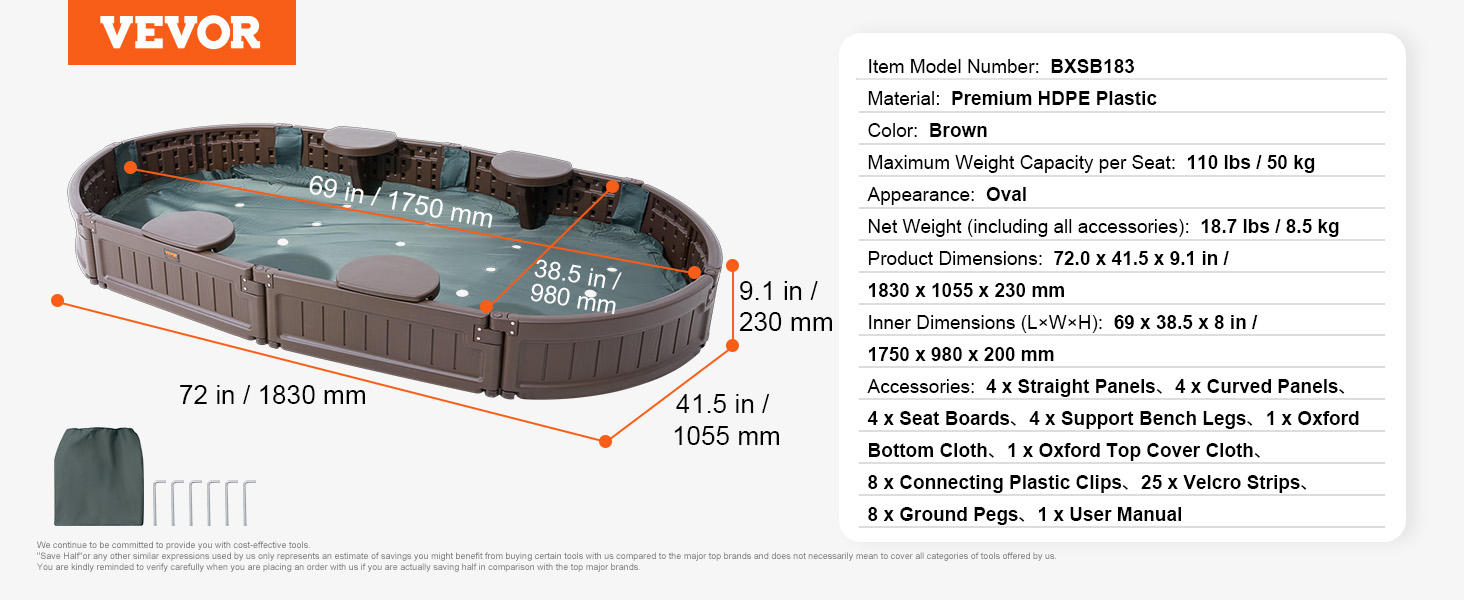 VEVOR Sandbox with Cover, 72 x 41.5 x 9.1 in Oval Sand Box, HDPE Sand ...