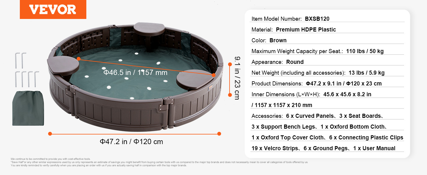 VEVOR Sandbox with Cover, 47.2 x 9.1 in Round Sand Box, HDPE Sand Pit ...