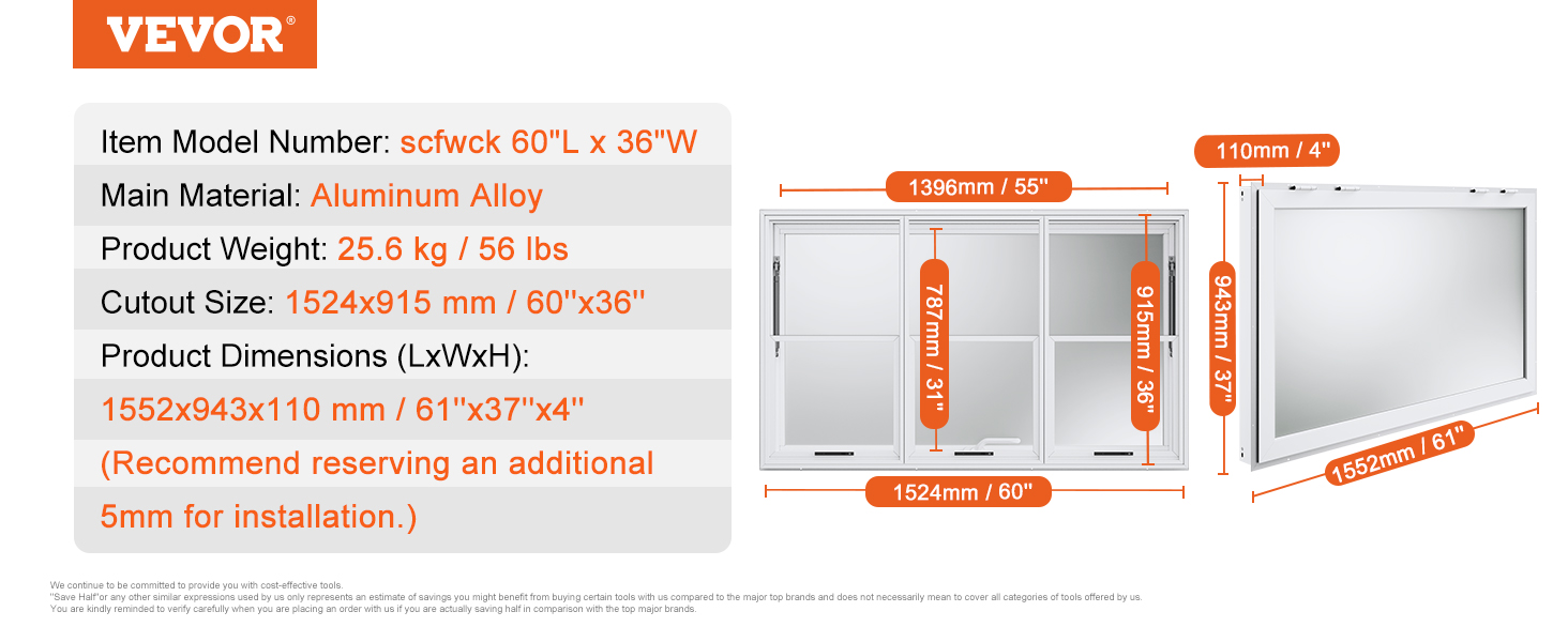 VEVOR Concession Window 60"x36", Aluminum Alloy Food Truck Service ...